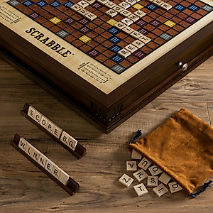 WS Game Company Scrabble Heirloom Edition with Rotating Solid Walnut Cabinet