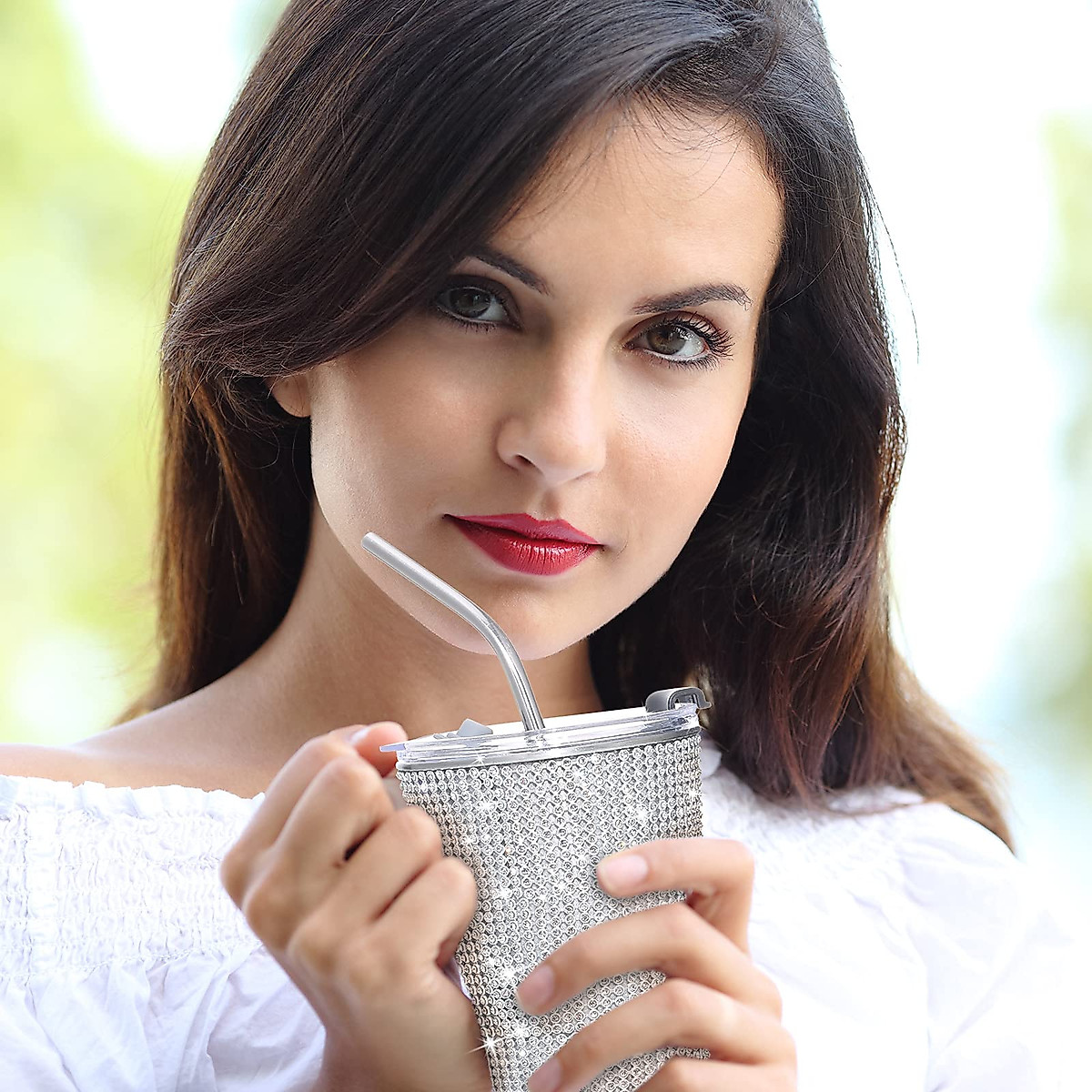 16 oz Bling Diamond Straw Cup Bling Rhinestone Stainless Steel Thermal Bottle Refillable Insulated Glitter Water Bottle 2 Pcs Blue Cup Brushes 6 Pcs Straw Brushes for Women Female Girls (Silver)