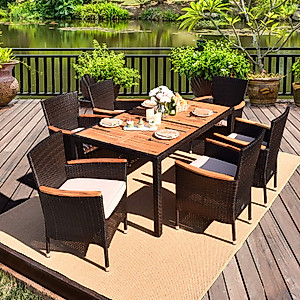 Toolsempire 7 Pieces Patio Wicker Dining Set Outdoor Dining Set, Patio Furniture Set with Acacia Wood Table and Chairs, Garden Dining Table Set for Desk, Poolside, Backyard (Brown)