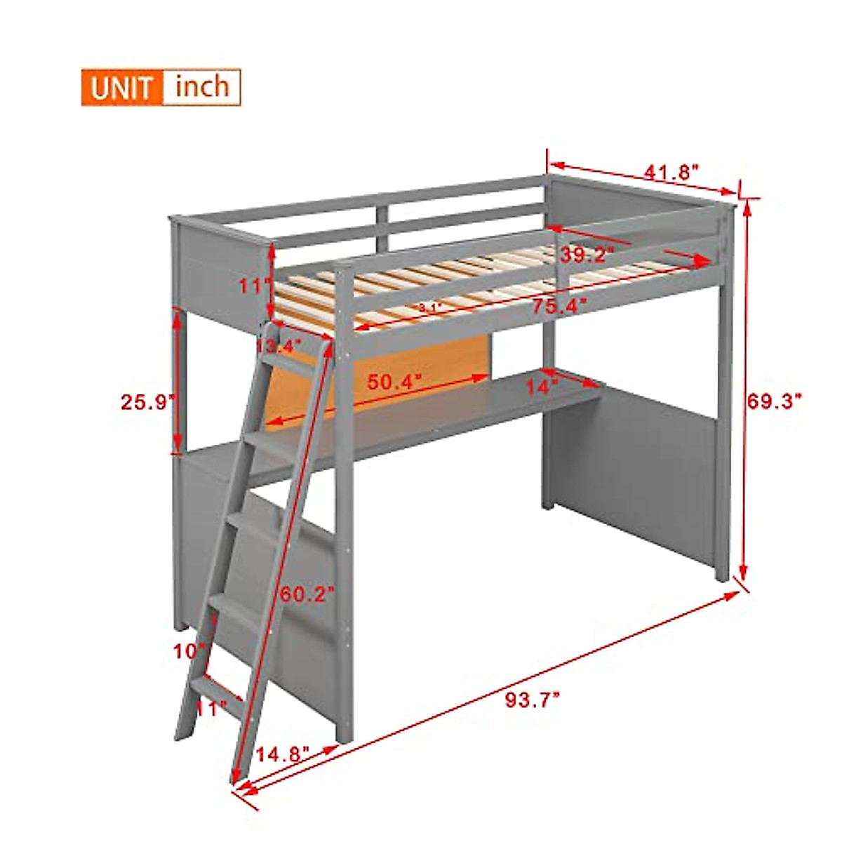 Lifeand Twin Size Loft Bed with Desk and Writing Board, Wooden Loft Bed with Desk,Gray