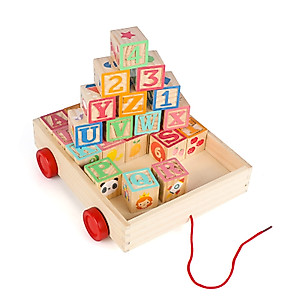 Joqutoys Wooden Building Blocks for Toddlers 1-3, Large Wood Baby Stacking Blocks Set for Kids, 30 PCS Alphabet Blocks with Toy Wagon, Educational Wooden Toys for Boys Girls Gifts 1.65"