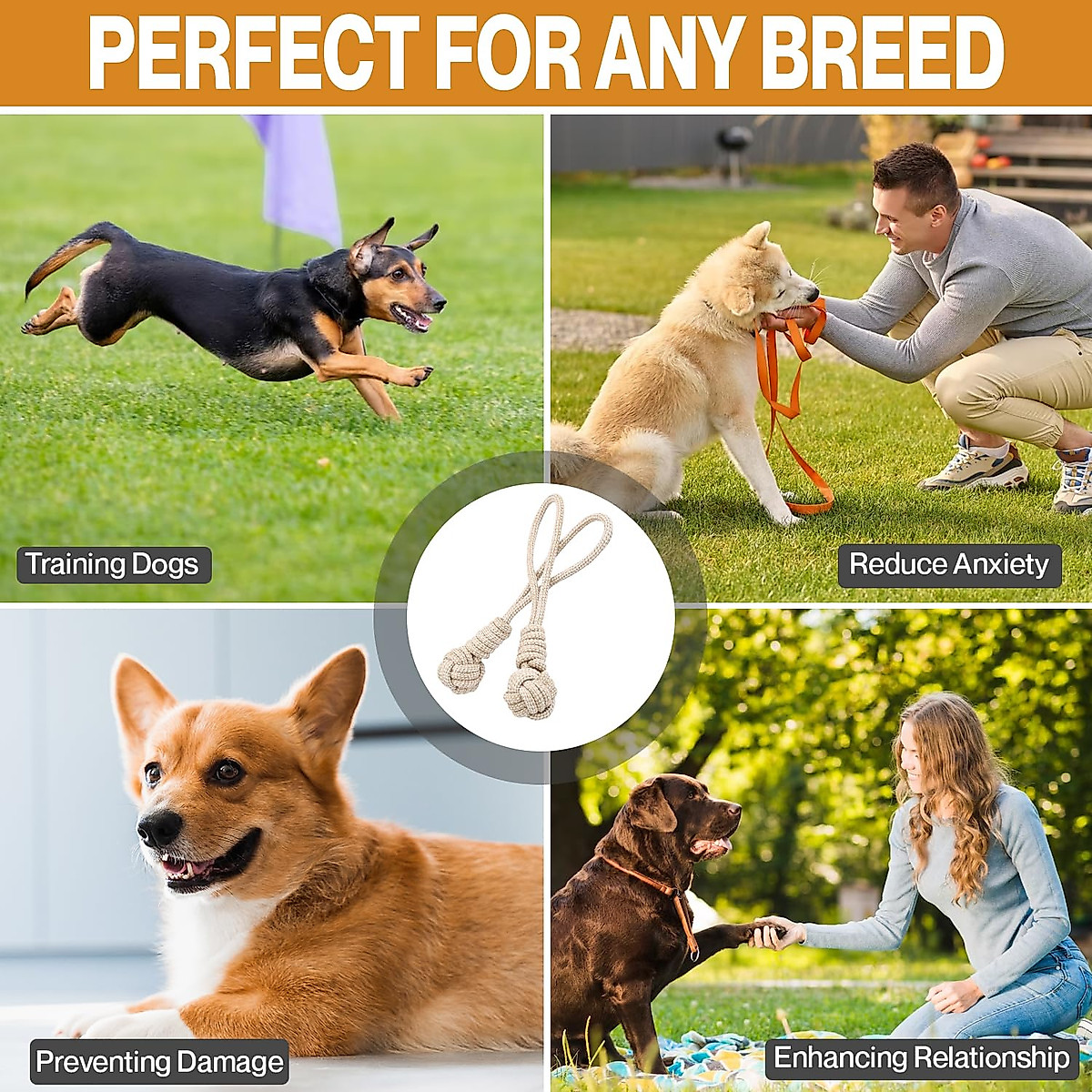 Dog Rope Tug of War Toys for Large, Medium and Small Dogs. 2 Pack Natural Cotton Toys for Teething.Flosses Teeth, Premium Beige Knot, Gum Stimulation for Teething Puppies.