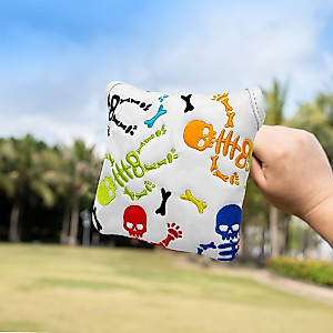 Funny Skeleton Man Golf Square Mallet Putter Cover, Mallet Headcover with Magnetic Closure - 3 Colors Options - Black/Red/White Golf Putter Head Cover (White Base)