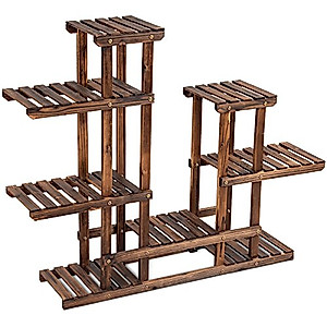 Giantex Flower Rack Wood Plant Stand 7 Wood Shelves 13 Pots Bonsai Display Shelf Indoor Outdoor Yard Garden Patio Balcony Living Room Multifunctional Storage Rack Bookshelf W/Hollow-Out Rack
