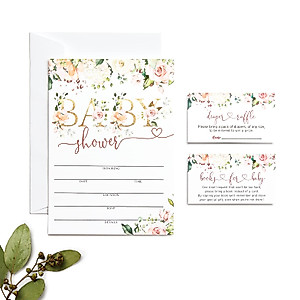 All Ewired Up Wildflower Baby Shower Invitations for Girl with Envelopes, 25 Invites, Diaper Raffle Tickets, Baby Shower Book Request Cards - Watercolor Gold Blush Greenery (Large Size 5X7”)