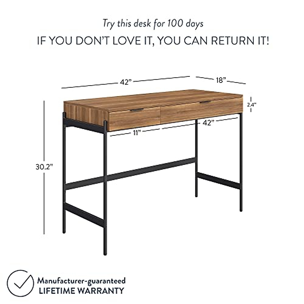 Nathan James Sophie Solid Computer Study Table for Home Office or Writing Desk with Drawers for Storage and Modern Metal Frame with Rustic Wood Top, Light Walnut/Black
