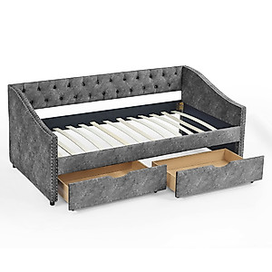 Lovtimber Twin Size Daybed with Double Storage Drawers, Upholstered Sofa Bed, Wooden Couch Tufted Backrest & Nailhead Armrest, for Bedroom Furniture, Living Room, Gray