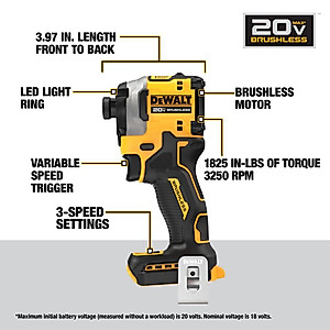 DEWALT ATOMIC 20V MAX* 1/4 in. Brushless Cordless 3-Speed Impact Driver one-pack Bare Tool (1pack ATOMIC 20V MAX Brushless 1/4 in. 3Speed Drive)
