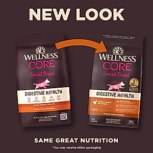 Wellness CORE Digestive Health Dry Dog Food with Wholesome Grains, Highly Digestible, for Dogs with Sensitive Stomachs, Made in USA with Real Protein (Small Breed, Chicken & Brown Rice, 4-Pound Bag)