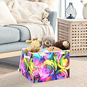 Kigai Storage Basket Rainbow Roses Storage Boxes with Lids and Handle, Large Storage Cube Bin Collapsible for Shelves Closet Bedroom Living Room, 16.5x12.6x11.8 In
