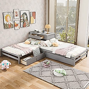MOEO L-Shaped Full Size Platform Bed with Trundle and Drawers Linked w/ Built-in Desk for Kids, Bedroom, Teens, Adults, No Box Spring Needed, 3 Wood Bedframe in 1, Gray
