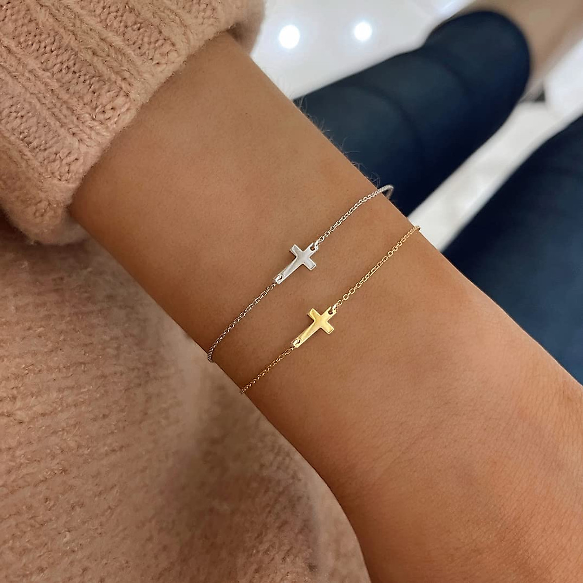 Tewiky Silver Cross Bracelet for Women Dainty Tiny Charms Sideways Delicate Cross Jewelry Cute Confirmation Gifts for Women