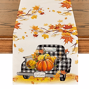 Artoid Mode Maple Leaves Pumpkins Buffalo Plaid Truck Table Runner, Seasonal Fall Harvest Vintage Kitchen Dining Table Decoration for Indoor Outdoor Home Party Decor 13 x 72 Inch