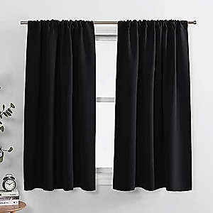 PONY DANCE Black Out Window Curtains - 2 Panels Thermal Curtain Drapes Insulated Window Treatments Light Block Short Blinds Rod Pocket for Small Window, W 42 x L 54 inches, Black, One Pair