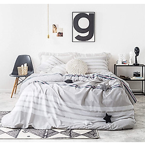 SUSYBAO Pink Striped Duvet Cover King 100% Cotton Gray White Striped Duvet Cover 3 Pieces Set 1 Farmhouse Horizontal Stripe Duvet Cover with Zipper Ties 2 Pillowcases Soft Grey Geometric Bedding