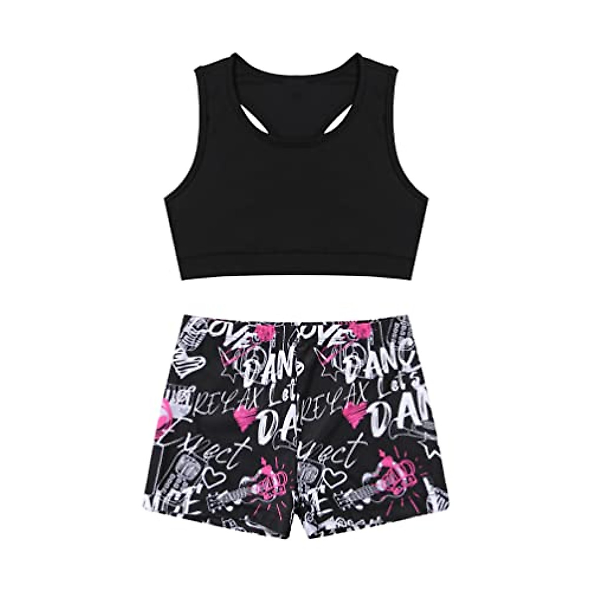YONGHS Kids Girls Sports Tankini Outfit Crop Top with Booty Shorts Gymnastic Suit Swimsuit Swimwear Rock Music Rose 5-6 Years