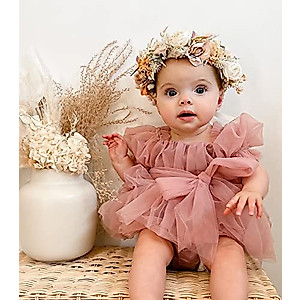 VISGOGO Summer Newborn Baby Girls Rompers Dress Flower Embroidery Mesh Short Sleeve Jumpsuits Headband Casual Outfits (Pink-mesh, 12-18 Months)