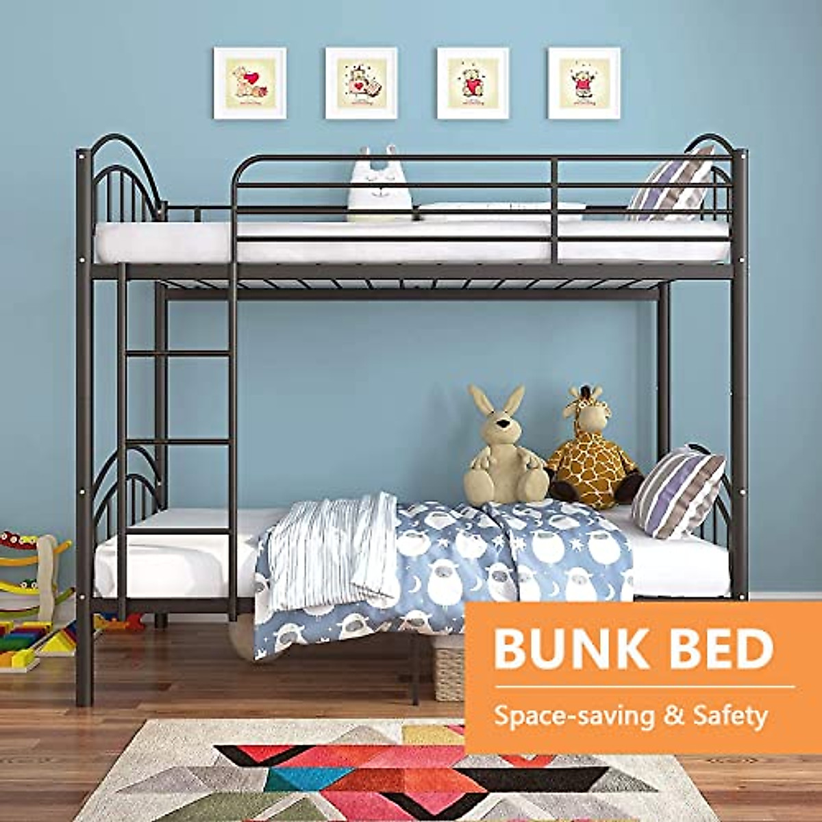 Alohappy Metal Bunk Beds Frame Twin Over Twin, Convertible Into 2 Individual Metal Bed Frame, Removable Ladder & Safety Guard Rail (Black)