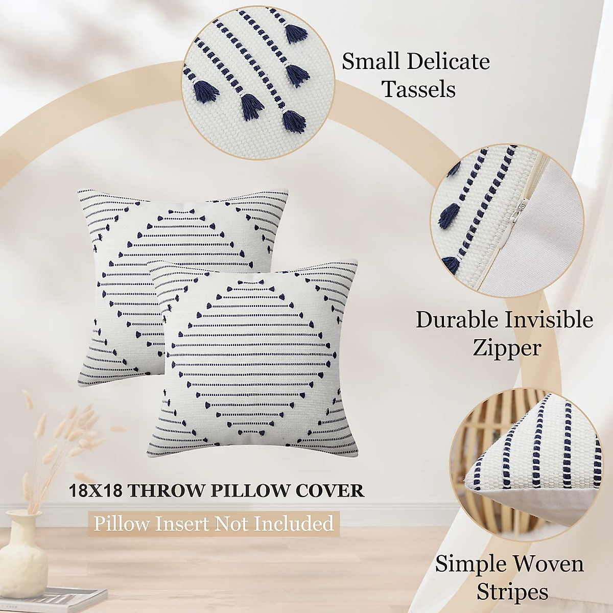 Mecatny Boho Throw Pillow Covers Navy and Cream White Pillow Covers 18X18 Set of 2 Farmhouse Decorative Pillow Covers for Couch Sofa Living Room