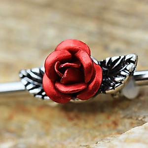 Pierced Owl 14GA 316L Surgical Steel Red Rose with Leaves Industrial Barbell