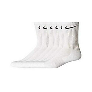 NIKE Dri-Fit Training Cotton Cushioned Crew Socks 6 PAIR White with Black Signature Swoosh Logo) LARGE 8-12