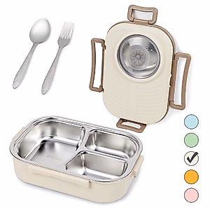 Puraville Stainless Steel Bento Lunch Box for Kids and Adults, Stackable BPA-Free Food Containers with 3 Compartments and Reusable Sauce Bowl, Fork and Spoon, (1000ml/34oz, Cream)