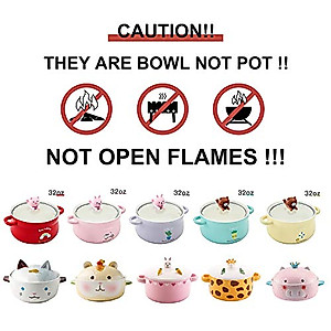UPSTYLE Cute Ceramic Bowl with Lid and Handle for Soup/Rice/Salad/Instant/Noodle/Vegetables/Fruit (Pink, Rabbit)