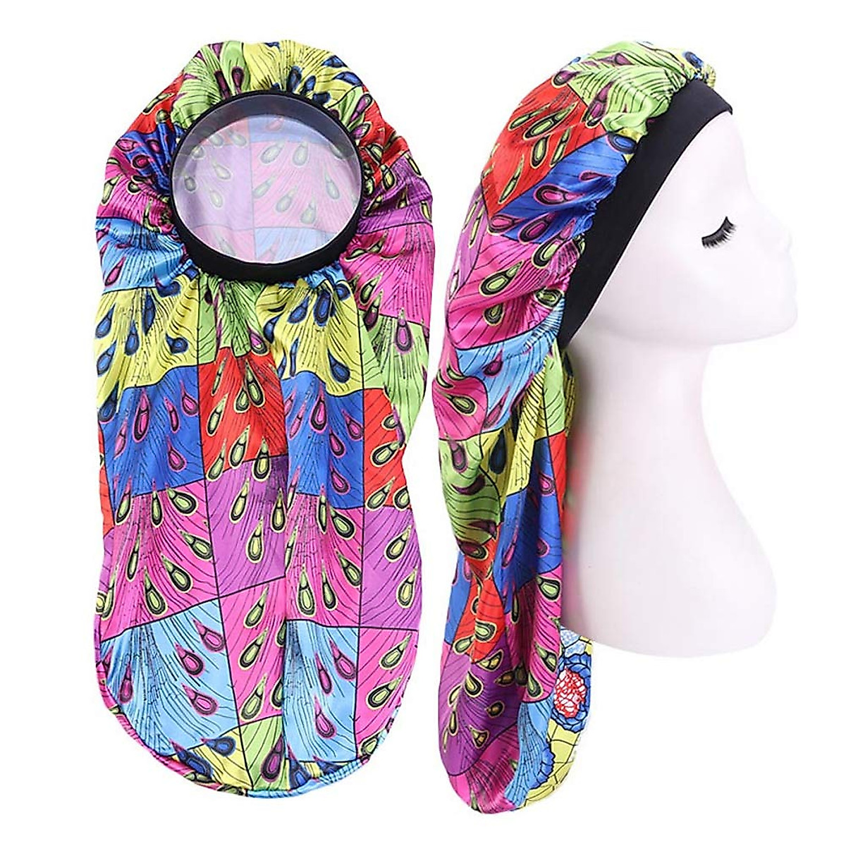 Vinyl Quote Me Extra Long Colorful Satin Bonnet Sleep Cap Long Bonnet for Braids Hair Loose Cap (Colorful Peacock)