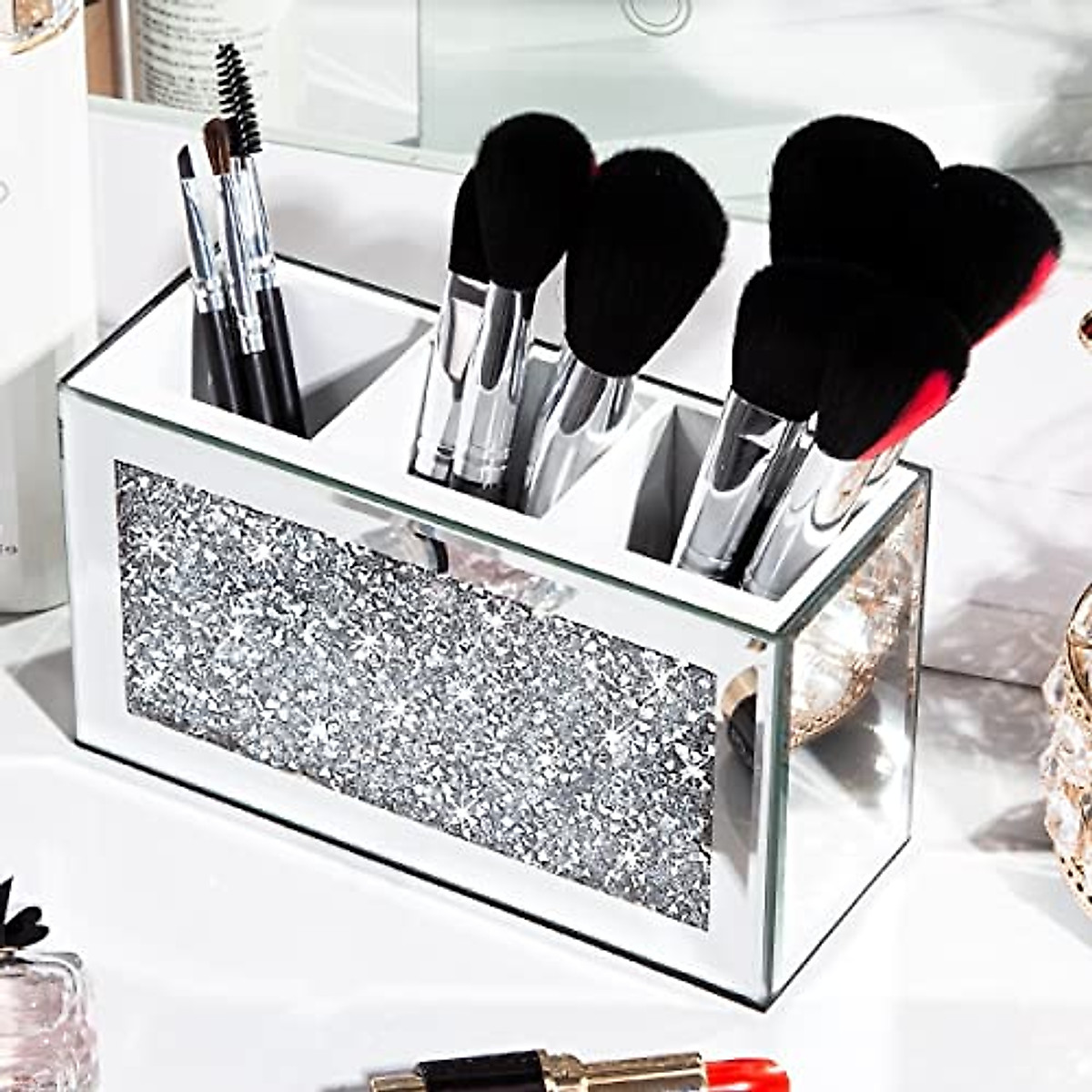 SHYFOY Mirrored Makeup Brush Holder Organizer, 3 Slot Glass Cosmetics Brushes Storage Holders with Crystal Crushed Diamond, Cute Pen and Pencil Holder for Desk, Eyeliners Display Case for Vanity