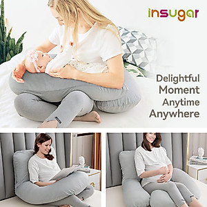 Insugar Pregnancy Pillows for Sleeping with Cooling Cover, U Shaped Body Pillows for Pregnancy, Maternity Pillow for Pregnant Women, Support Belly, Back and Knees, 55 x 28 Inch Grey