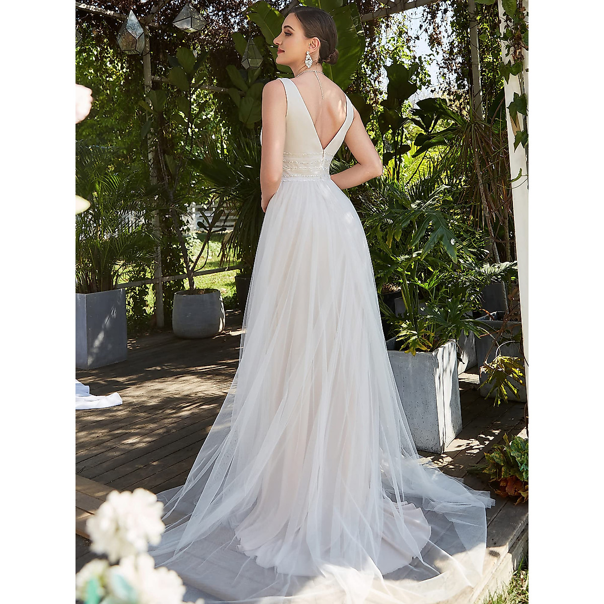 Ever-Pretty Women's Elegant Long Lace Sequin V-Neck Ruched Summer Beach Wedding Gowns for Women White US8