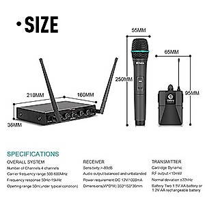 Debra Audio Pro UHF 4 Channel Wireless Microphone System with Cordless Handheld Lavalier Headset Mics, Metal Receiver, Ideal for Karaoke Church Party (with 2 Handheld & 2 Bodypack (A))