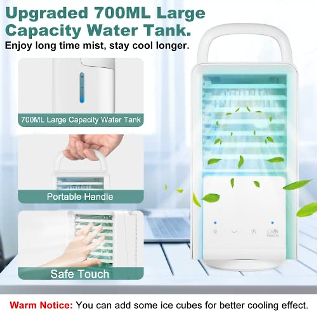 Ancokio Personal Air Cooler, 4 in 1 Personal Desktop Cooling Fan 3 Speeds 7 Colors Light, Evaporative Portable Air Conditioner with White 11.14 x 6.89 x 6.57 inches