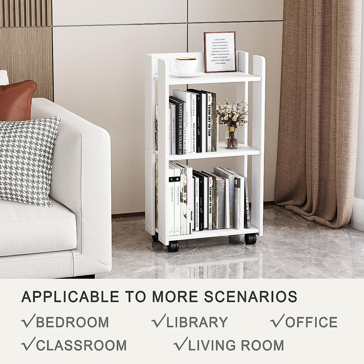 yeavs 3-Tier Side Table with Wheels, Moveable Bookshelf, Multi-Functional Rolling Bookcase Storage Cart Organizer for Office Living Room Bedroom Bathroom, White