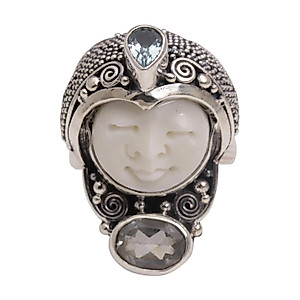 NOVICA Artisan Handmade Blue Topaz Cocktail Ring 925 Silver Face Shaped from Bali Bone Sterling Indonesia Birthstone [crownbezel 1 in H x 0.7 in W x 0.4 in D Band Width 4 mm W] ' Moonlight Prince'