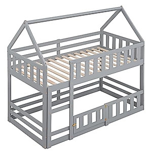 BOVZA House Bunk Bed for Kids Twin Over Twin Size Floor Low Bunk Bed with Fence and Door Wood Loft Bunk Bed Frame for Boys Girls, Gray