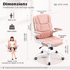 SEATZONE Ergonomic Office Chair Pink PU Leather Desk Chairs Computer Chair with Wheels and Flip-up Arms,Rolling Swivel Task Chair for Women,Girls