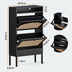 Wanttii Shoe Cabinet, Shoe Storage Cabinet with 2 Flip Drawers, Slim Shoe Storage Rack with Charging Station for Entryway, Hallway, Living Room (Black, Small)