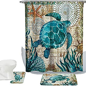 Amagical Sea World Sea Turtle Pattern 3 Piece Bathroom Mat Set Shower Curtain Set Bathroom Mat Carpet Contour Mat Fabric Shower Curtain with 12 Hooks