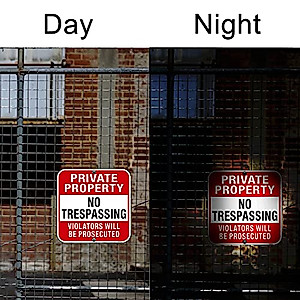 Doninex Large (4 Pack) Private Property No Trespassing Sign, 12x12 Inches Metal Heavy Duty Reflective Aluminum, Violators Will Be Prosecuted Signs, Weather Resistant, Weatherproof, Indoor or Outdoor