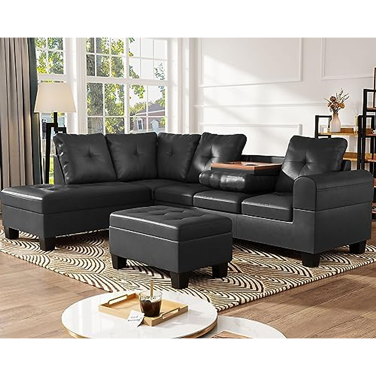 AWQM Upholstered Sectional Sofa w/Chaise Lounge, Modern L Shaped Sofa Couch with Storage Ottoman Bench, PU Leather Sectional Couches with Cup Holder for Living Room Small Space