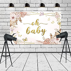 Ufeela Oh Baby Pink Floral Backdrop 7Wx5H Feet Fabric Polyester Baby Shower for Girl Plant Pampas Grass with Gold Purple Butterfly Newborn Photography Background Banner Photo Shoot Decor Props