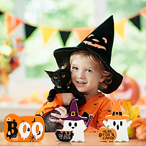4 Pieces Halloween Decor Halloween Tiered Tray Decorations Tabletop Wooden Ghost Theme Table Centerpieces Cute Decor Boo Halloween Blocks Spooky Sign Trick or Treat Candy Sign for Home Shelf Party