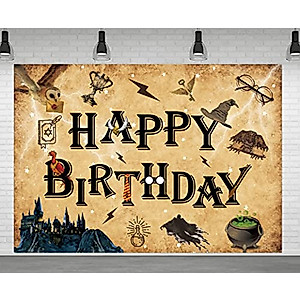 QIEXI Wizard Birthday Backdrop Wizard Happy Birthday Party Decoration Backdrop for Boy Girl Birthday Party Banner Witch Party Theme Decoration Supplies Wizard School Decoration 5x3ft