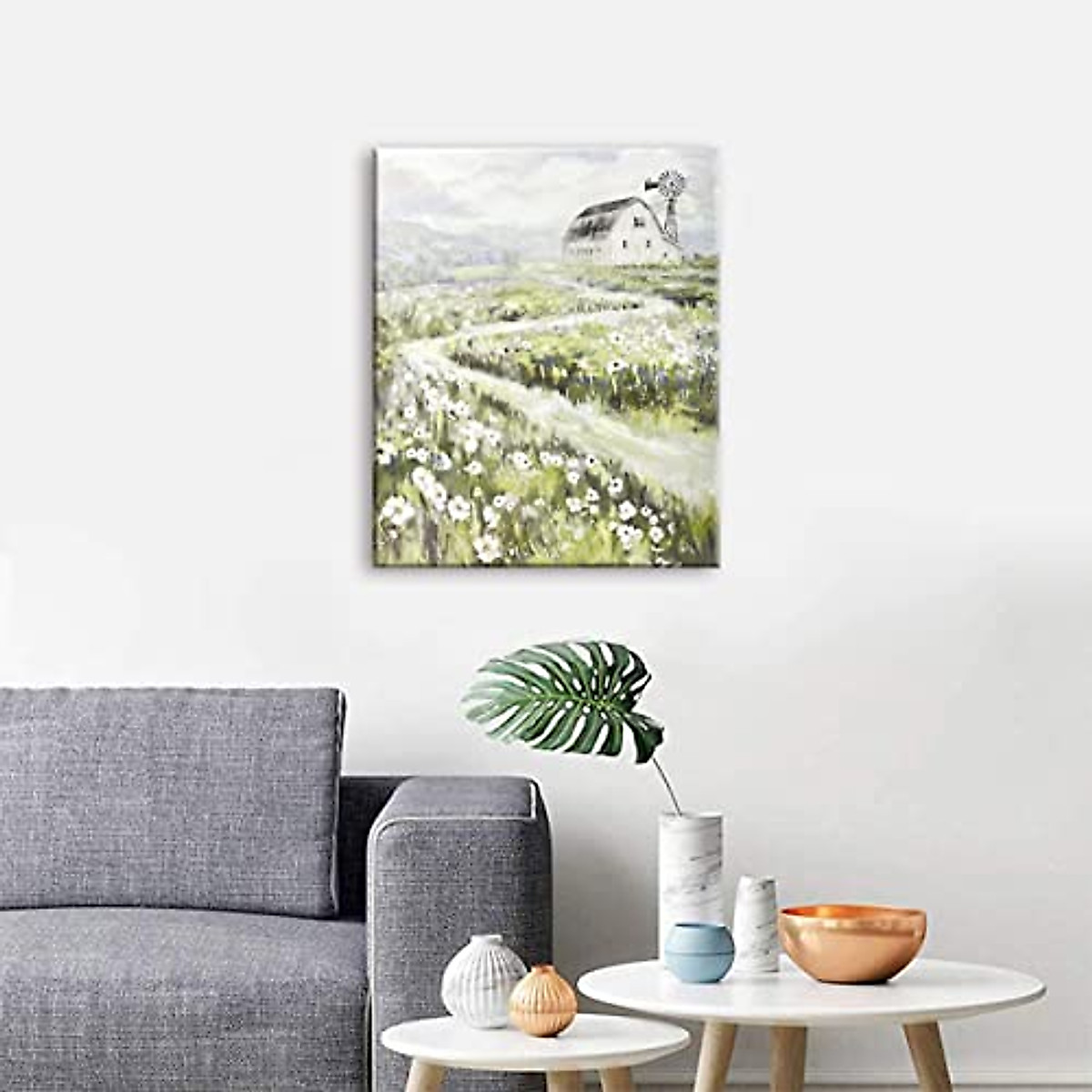 Hi.I.U.88 Rustic Wall Decor Old White Barn Canvas Art Painting with Windmill Bathroom Deco Pictures for Farmhouse Bedroom Framed Ready to Hang (Green, 12X15In), 12X15In