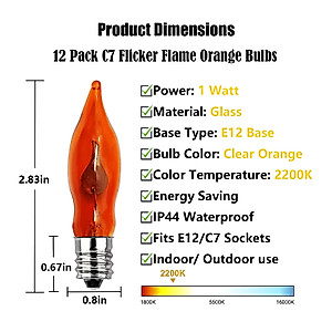 Halloween Flicker Flame Light Bulbs, 12 Pack C7 Orange Flickering Light Bulbs, 1W E12 Flame Candelabra Light Bulbs for Candle Chandelier Outdoor String Lights Party Halloween Christmas Decoration