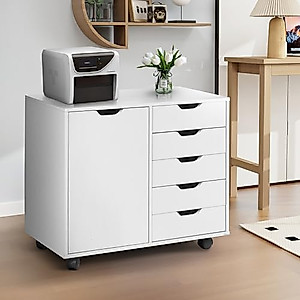 Rotihom 5 Drawer File Cabinet, Wood Mobile Lateral File Cabinet for Home Office Bedroom, 31 Inch Printer Stand with Storage on Wheels, Mobile Office Shelf with 2-Compartment Cabinet (White)