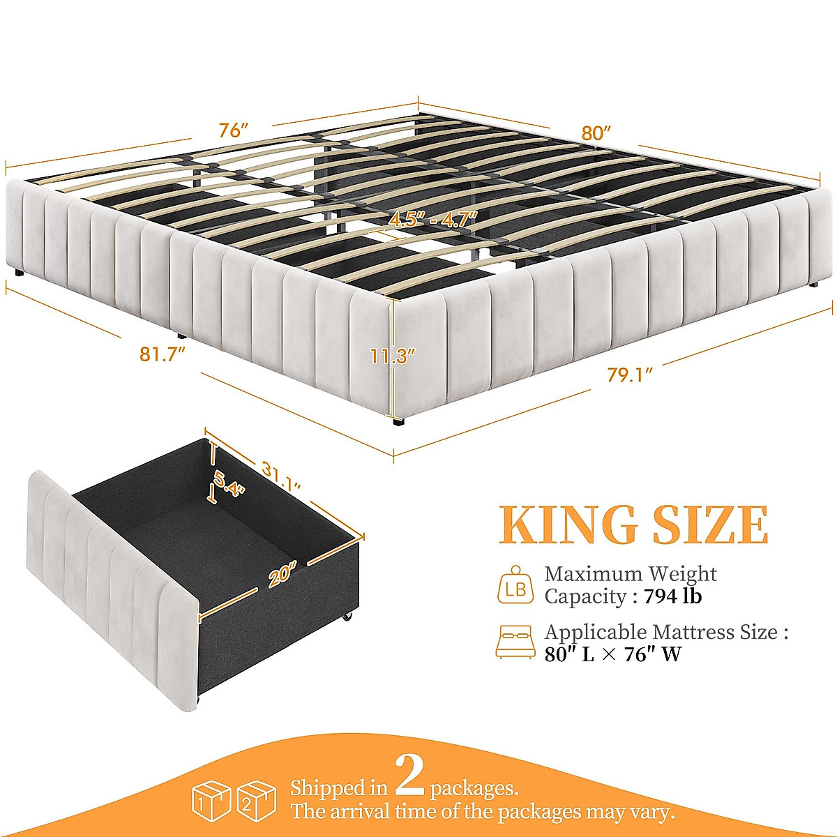 Yaheetech King Bed Frame Upholstered Platform Bed with 4 Storage Drawers, Large Storage Space/Strong Wooden Slats/Non-Slip and Noise-Free/No Fixed Headboard/No Box Spring Needed/Beige King Bed