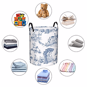Laundry Hamper With Handles-Unique Toile Design Blue Laundry Basket-Round Storage Bin Dirty Clothes Basket