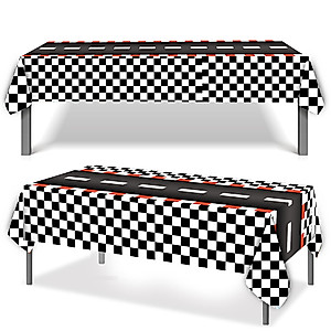 2 PCS Racing Car Plastic Tablecloths Car Theme Disposable Party Tablecloths Black Checkered Flag Table Covers Racetrack Rectangular Tablecloth for Boys Birthday Baby Shower Home Decor, 54 x 108 Inch